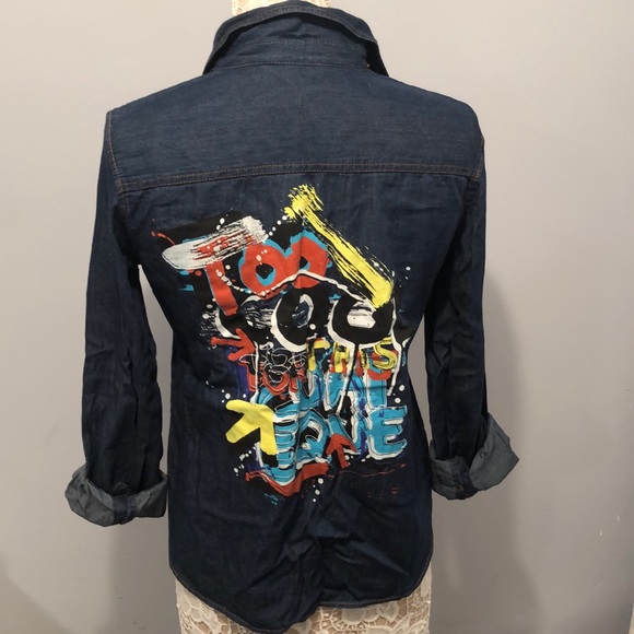 Zara | Tops | Zara Graffiti Denim Shirt | Poshmark